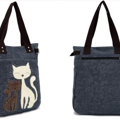 Adorable Blue Cat Canvas Shoulder Bag/tote on Luulla