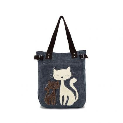 Adorable Blue Cat Canvas Shoulder Bag/tote on Luulla